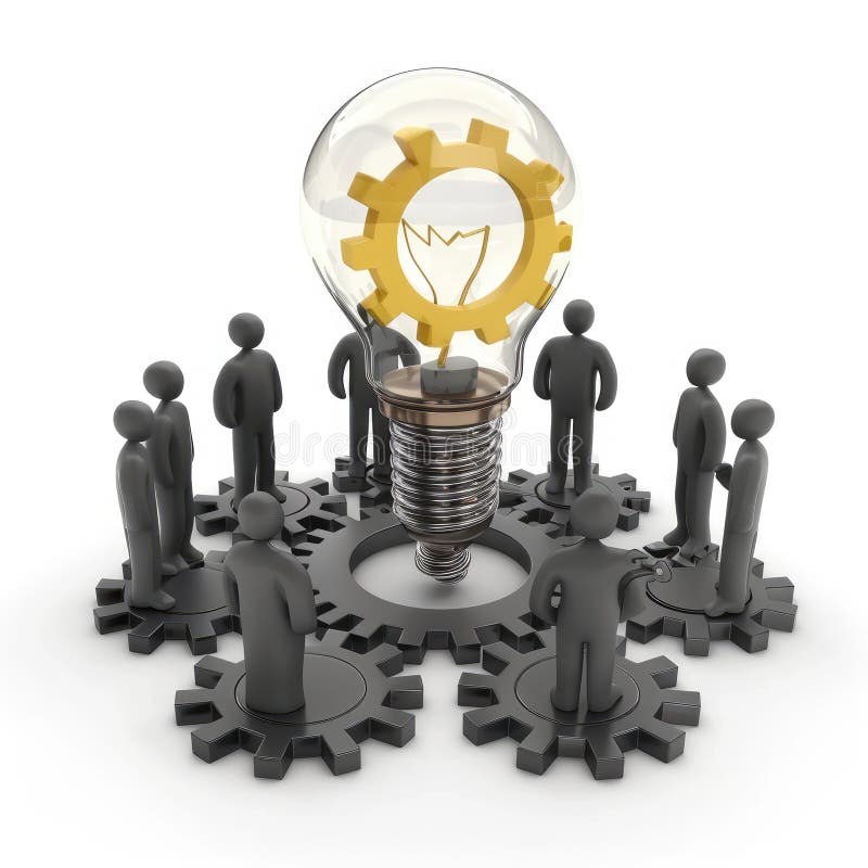 Teamwork and Innovation: Cogs, People and a Lightbulb Idea Stock ...