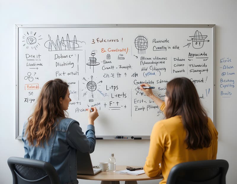 Collaborative Brainstorming Two Women Sketching Ideas on Whiteboard ...