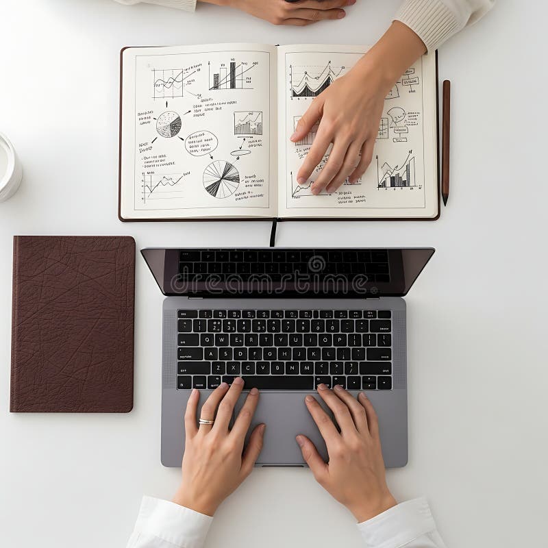 Collaborative Business Analysis: Hands on Notebook and Laptop, Data Charts, Top View Stock ...