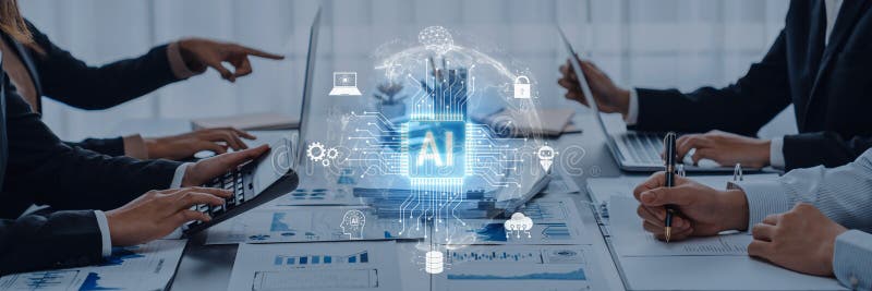 Collaborative Business Meeting Focusing on Artificial Intelligence Concepts with Laptops, Charts ...