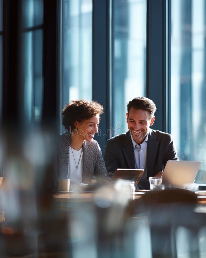 Collaborative Business Meeting: Smiling Colleagues Work Together on ...