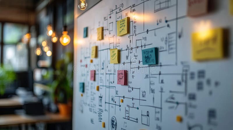 Collaborative Business Planning Flowchart on Whiteboard in Conference ...