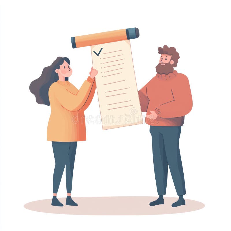 Collaborative Checklist Illustration, Two Individuals Reviewing a Task ...