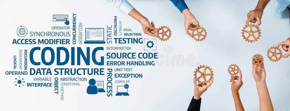 Collaborative Coding Session with Hands and Gears on Table Depicting Teamwork in Software ...