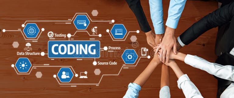 Collaborative Coding Session with Hands Over a Table Surrounded by ...