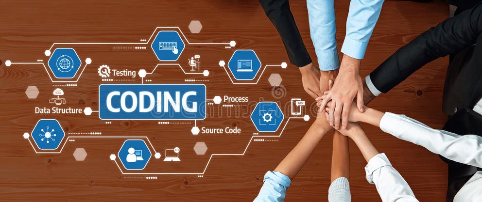 Collaborative Coding Session with Hands Over a Table Surrounded by Visuals of Data Structure ...