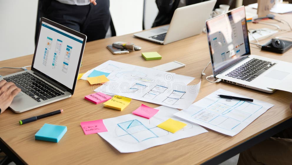 Creative Brainstorming Scene on a Conference Table with Open MacBooks ...