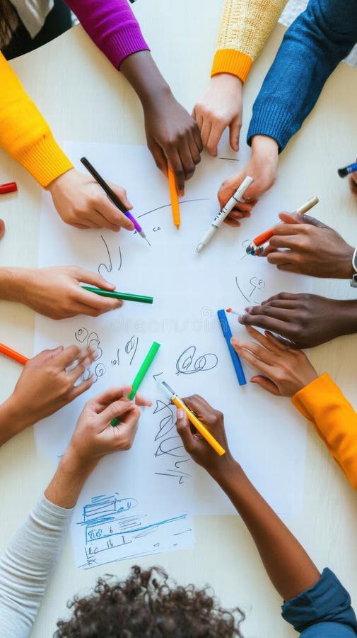 Collaborative Creativity, a Group of Diverse Individuals Brainstorming and Sketching Ideas ...