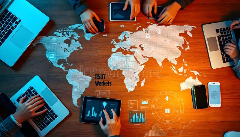 Collaborative Digital World Map Table with Hands Working on Various ...