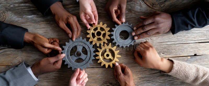 The Collaborative Effort of Hands Working Together with Gears on Wooden ...