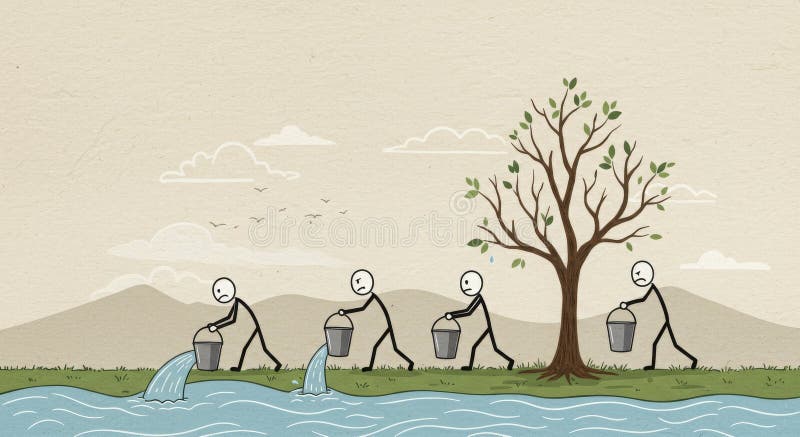 Collaborative Effort To Water a Thirsty Tree Stock Illustration ...
