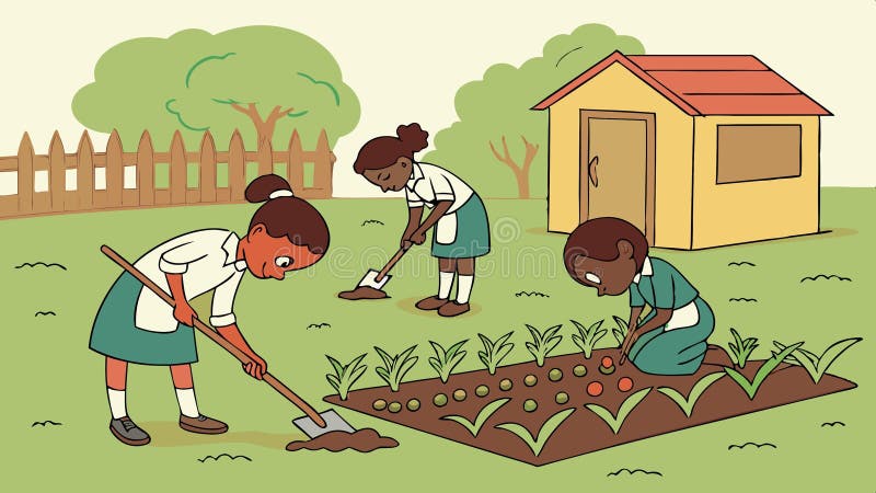 Collaborative Garden Work. Children Working Together in Garden ...