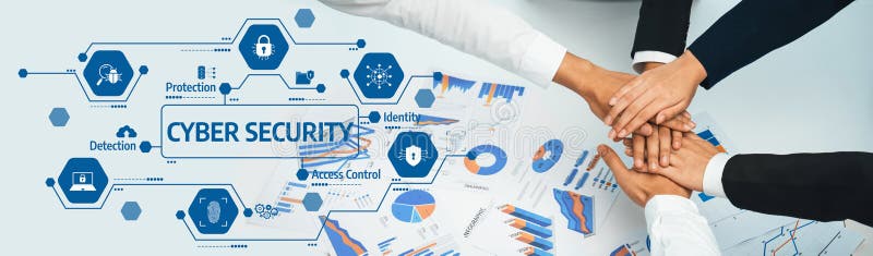 Collaborative Hands Over Cyber Security Concepts with Charts and Icons, Highlighting Protection ...