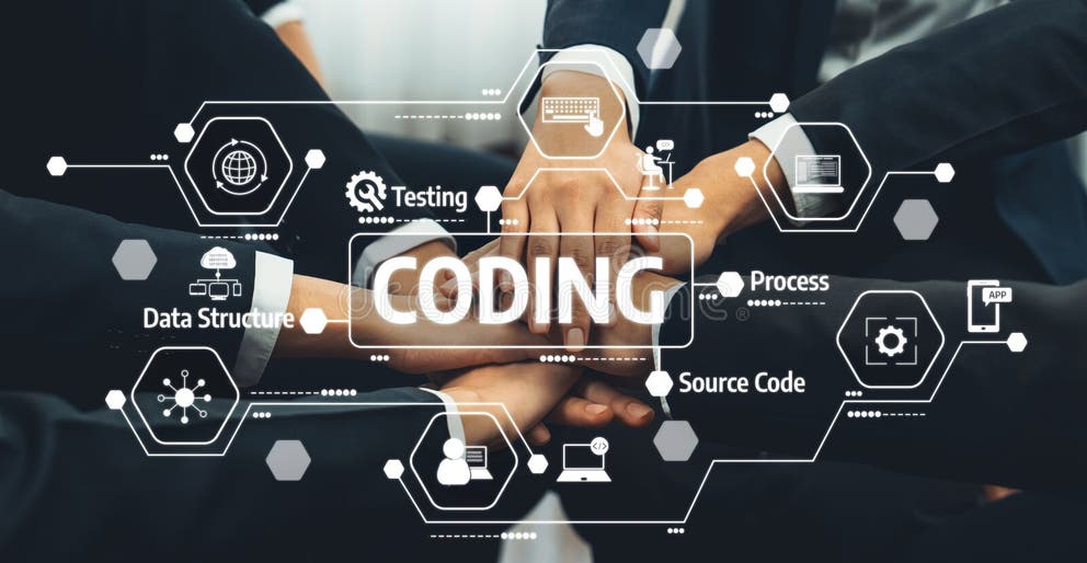 Collaborative Hands Overlaid with Coding Elements Representing Teamwork ...