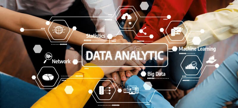 Collaborative Hands Overlaid with Icons Symbolizing Data Analytics, Machine Learning, and Big ...
