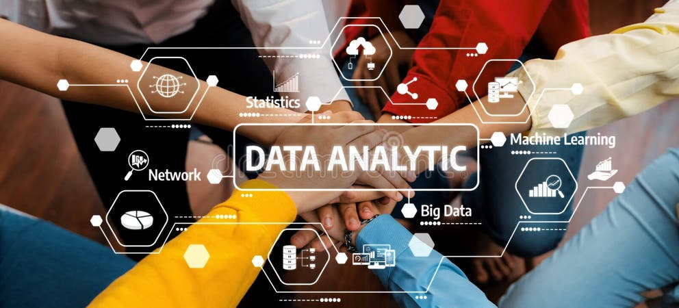 Collaborative Hands Overlaid with Icons Symbolizing Data Analytics, Machine Learning, and Big ...