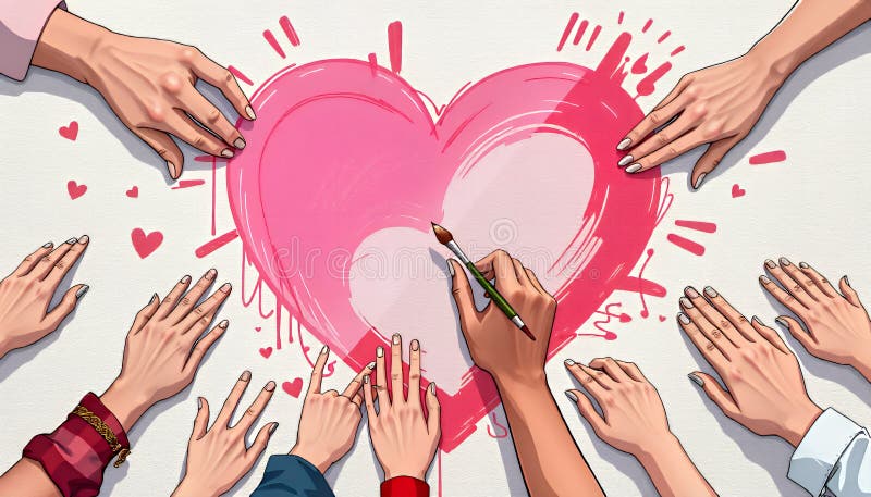 Collaborative Hands Painting a Pink Heart on Gray Surface Stock ...
