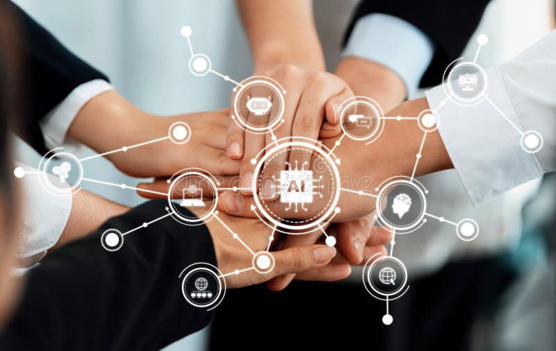 Collaborative Hands Symbolizing Teamwork in Artificial Intelligence with Digital Icons ...