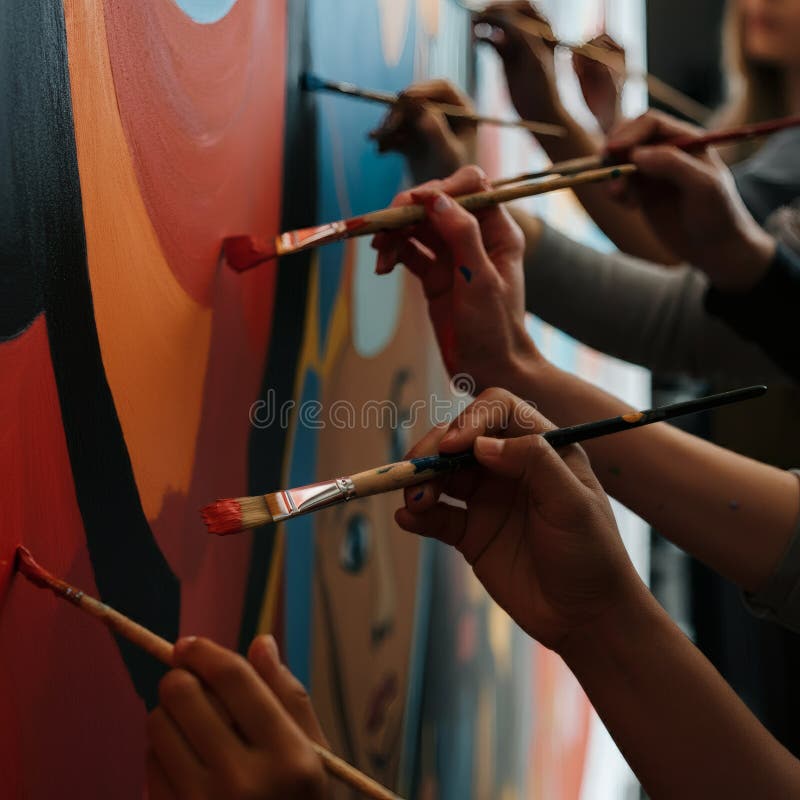 Collaborative Mural Painting Hands Holding Brushes Working on Colorful ...