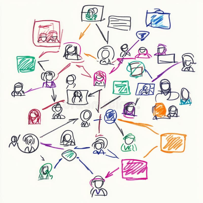 Collaborative Network Diagram with Multicolored Doodles and Flow Arrows ...