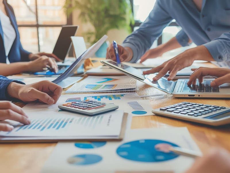 Collaborative Office Work with Laptops and Documents Stock Illustration ...