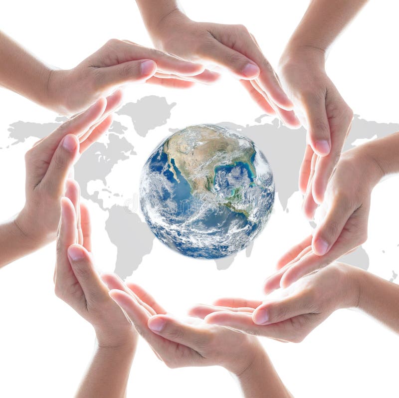 Collaborative People`s Hands Surrounding Globe World Map for Community ...