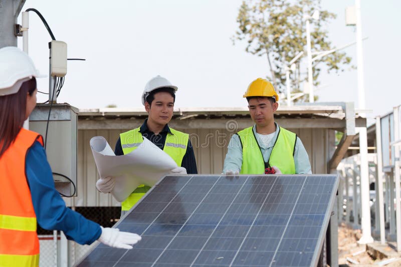 Collaborative Planning for Solar Technology. Engineers Surveying Solar Panels and Discussing ...