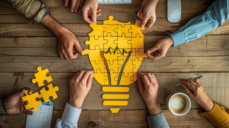 Collaborative Problem Solving Concept with Hands Assembling a Lightbulb ...