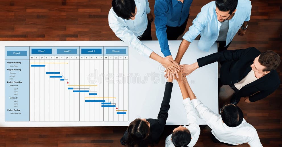 Collaborative Project Management Overview with Gantt Chart Visualization and Diverse Teamwork ...