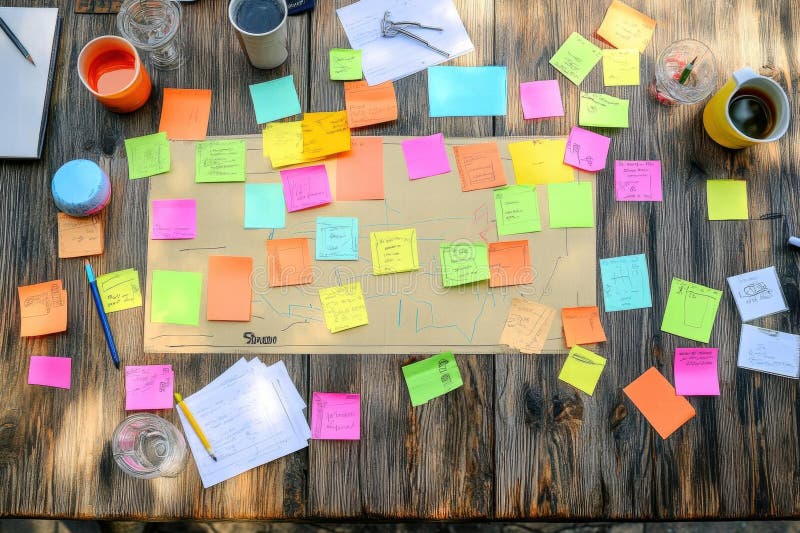 Collaborative Project Planning, Brainstorming Session with Sticky Notes ...