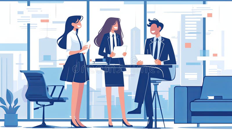 Collaborative Team Discussion in Modern Blue-themed Office Environment ...