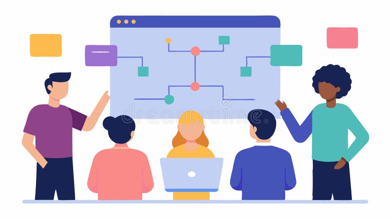 Collaborative Team a Group of Diverse Developers Gathered Around a Large Touchscreen Displaying ...