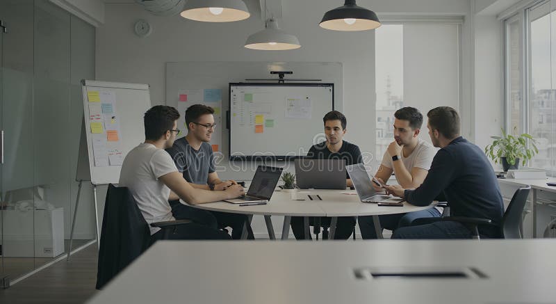 Collaborative Team Meeting Around a Round Table with Laptops and ...