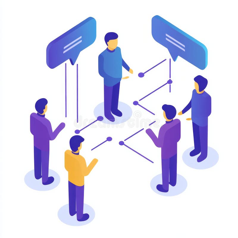 Collaborative Team Meeting with Isometric People Communicating in ...