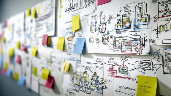 Office Whiteboard Filled with Colorful Sticky Notes and Detailed ...