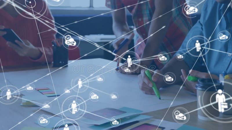 Collaborative Team Working at Desk with Network Connections Animation Overlay Stock Footage ...