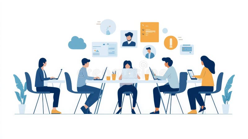 Collaborative Team Working on Laptops Stock Illustration - Illustration ...