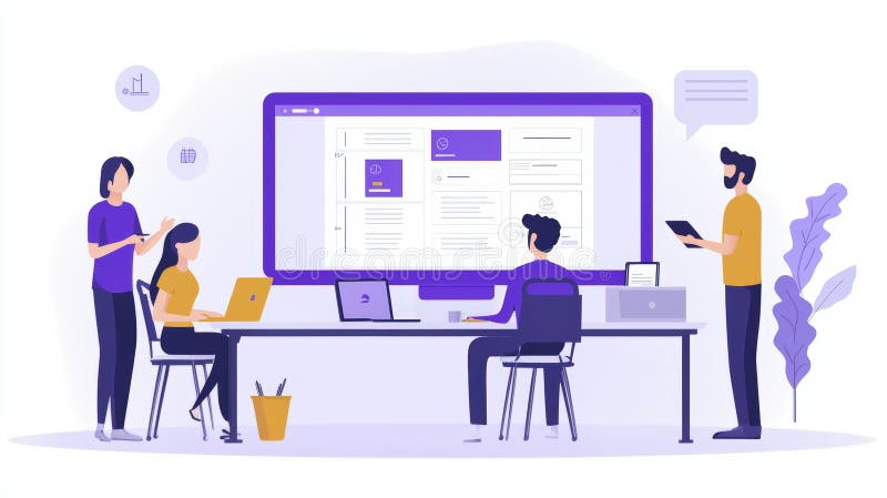 Collaborative Team Working on Project Using Large Computer Screen ...