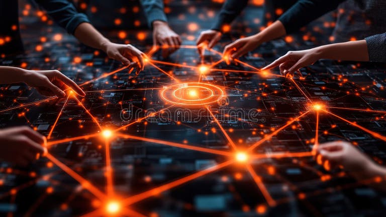 Collaborative Teamwork Around a Glowing Digital Interface, Showcasing ...