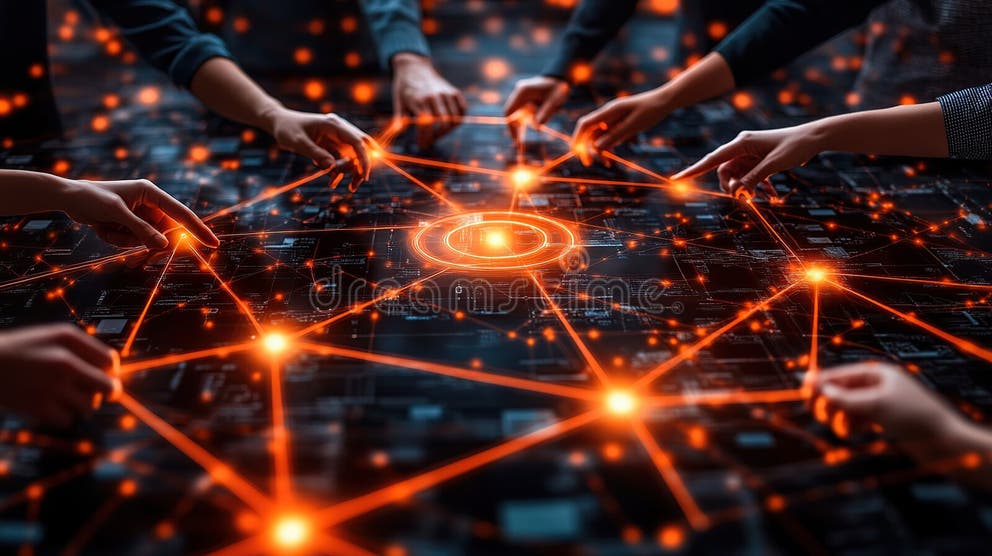 Collaborative Teamwork Around a Glowing Digital Interface, Showcasing ...