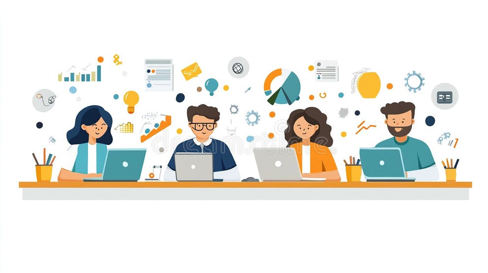 Collaborative Teamwork Around Laptops. a Diverse Group of People ...