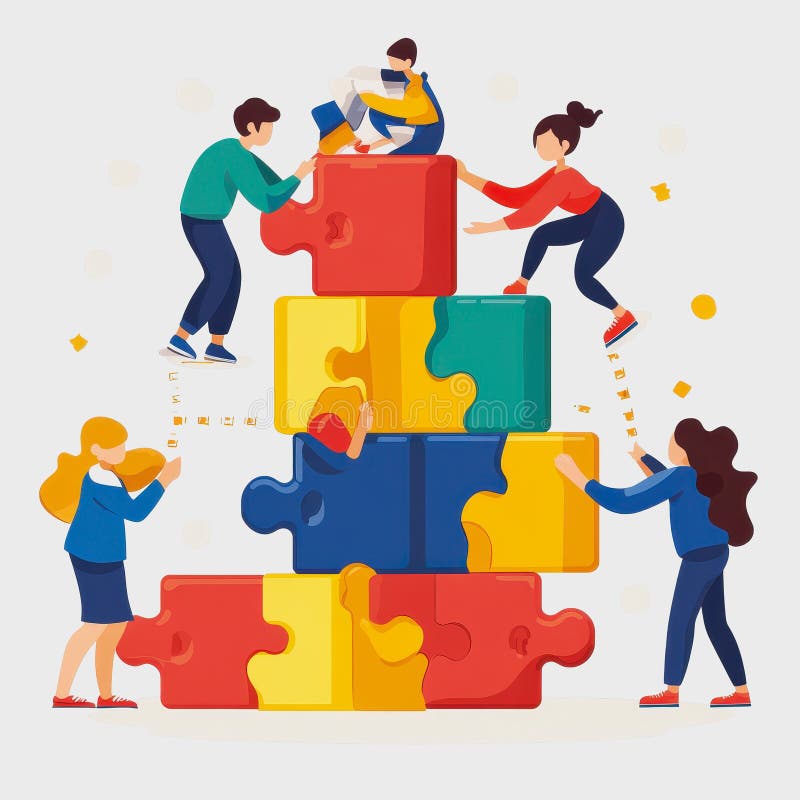 Collaborative Teamwork in a Colorful Puzzle Building Scene with Diverse ...