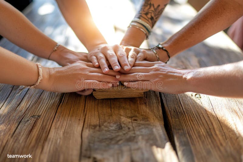Collaborative Teamwork Concept with Diverse Hands Stacked on Wooden Surface in Sunlit Setting ...