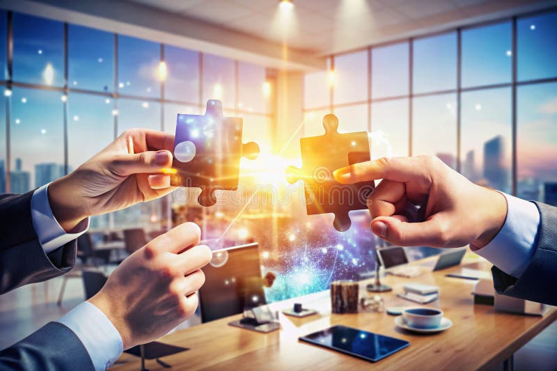Collaborative Teamwork Hands Connecting Puzzle Pieces in a Dynamic ...