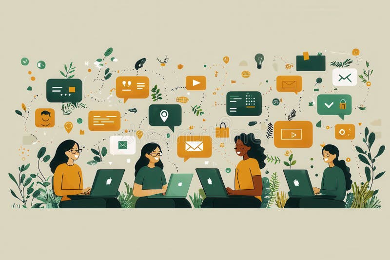 Collaborative Teamwork Illustration of People Using Technology in ...