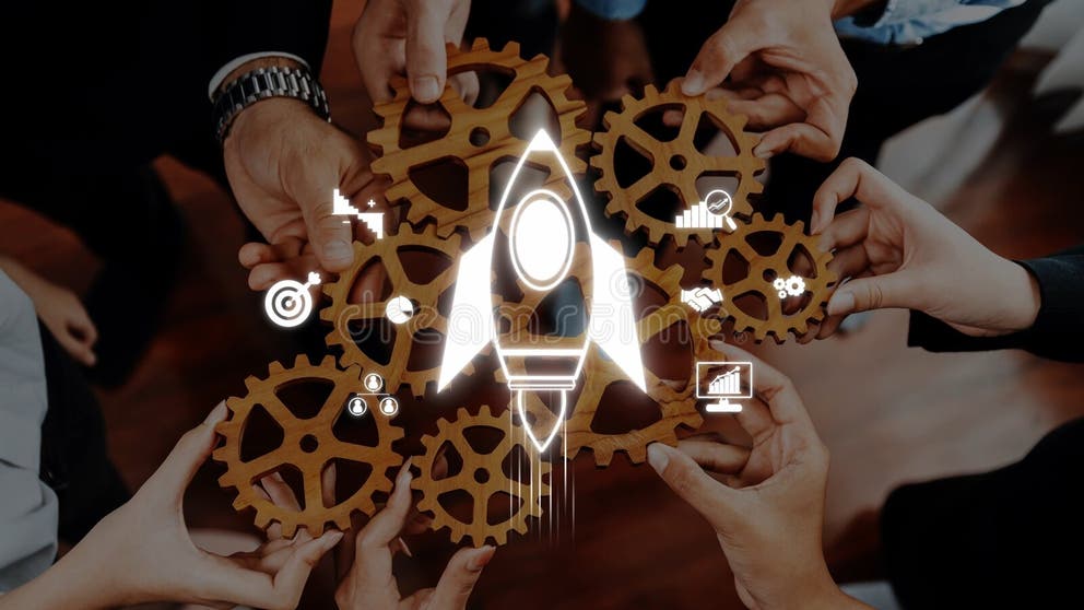 Collaborative Teamwork and Innovation Concept with Rocket Launch and ...