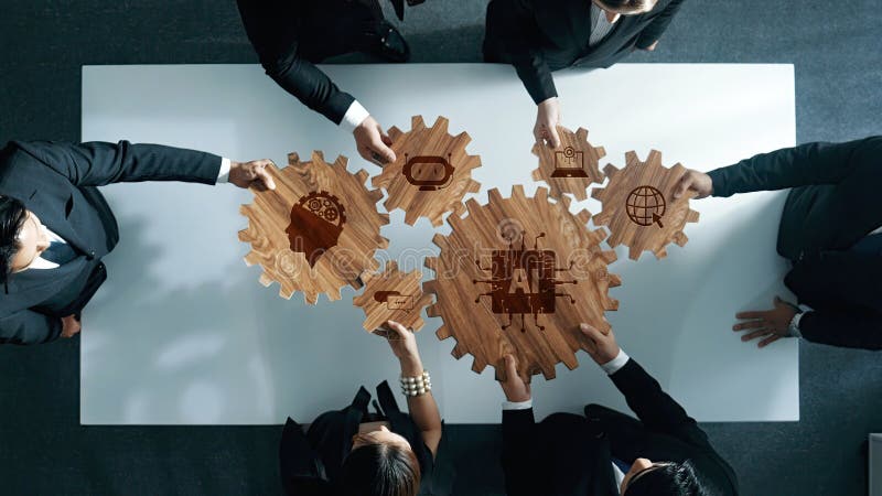 Collaborative Teamwork with Wooden Gears Representing Technology, AI ...