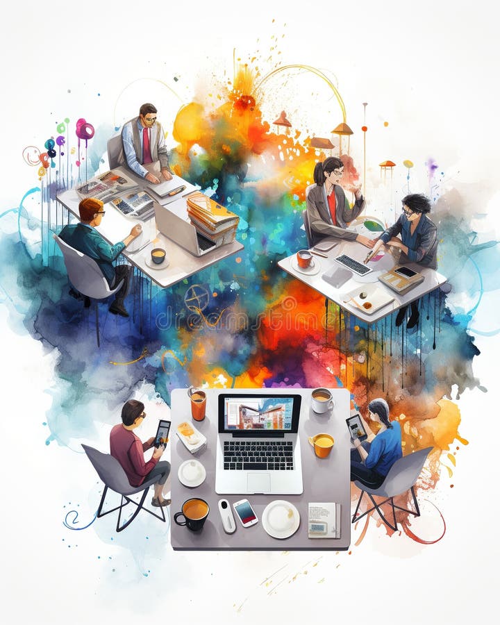 Collaborative Virtual Workspace with Multiple Devices, Flat Design, Top ...