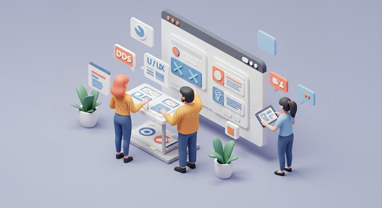 Collaborative Website Design Process Visualized by Stylized Figures Stock Illustration ...