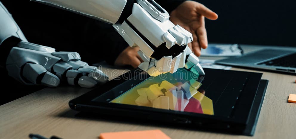 Collaborative Work between Human and Robot, Futuristic Technology Concept, Artificial ...